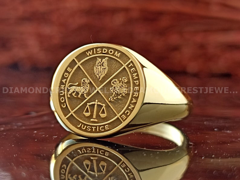 18K Solid Gold Four Virtues, Justice Wisdom Temperance Courage, Ring ...