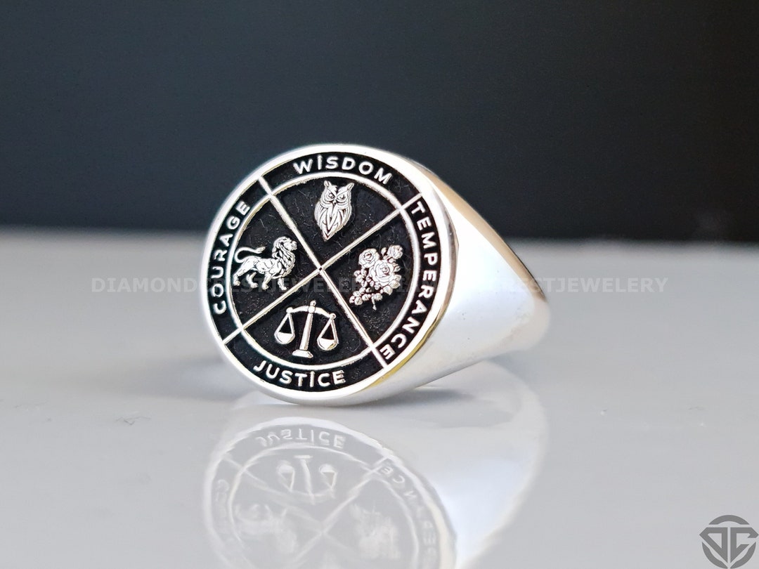 Stoic Rings, Justice Wisdom Temperance Courage Ring, Four Virtues Ring, Family Crest Ring ...