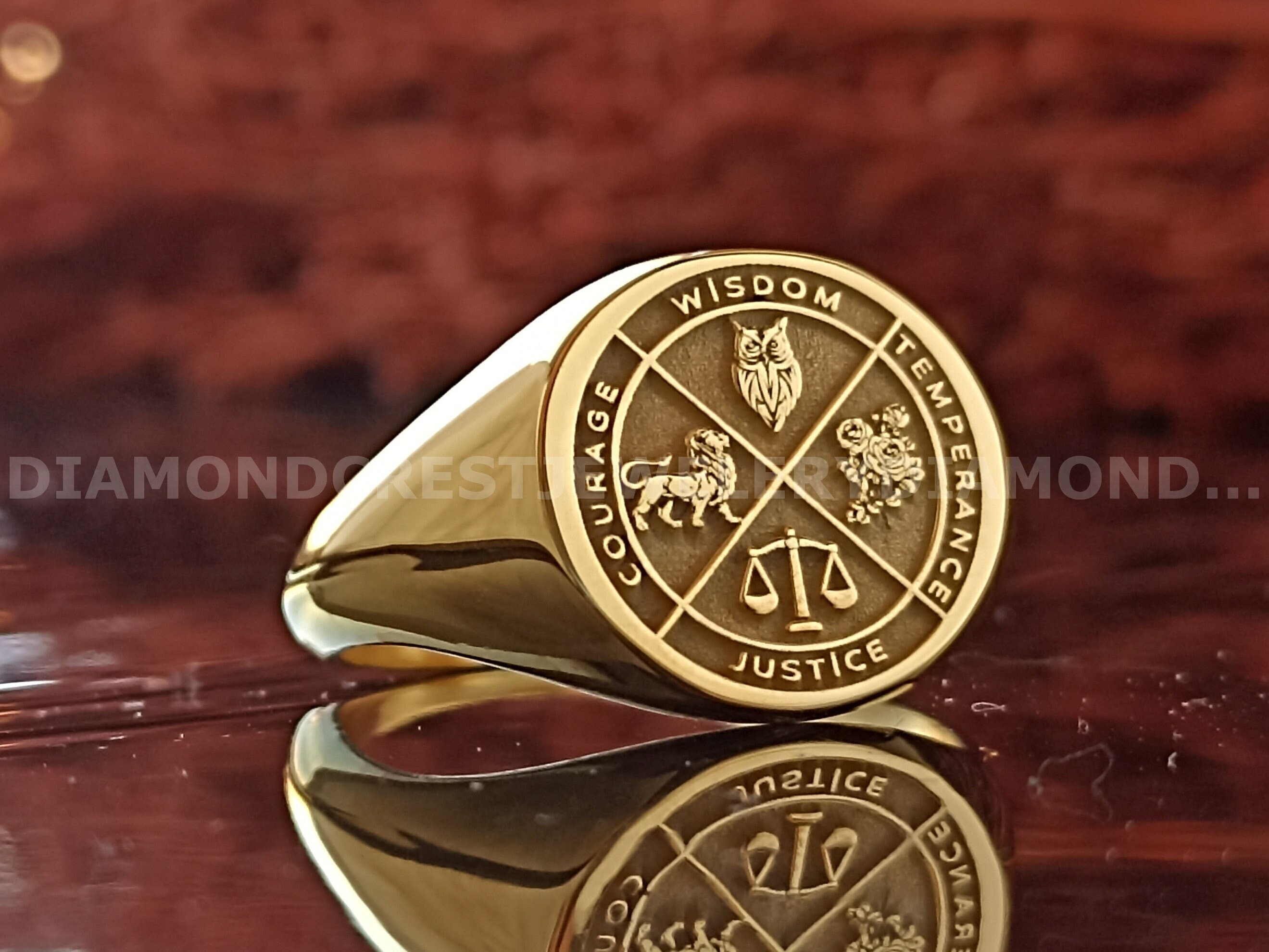 18K Solid Gold Four Virtues, Justice Wisdom Temperance Courage, Ring ...