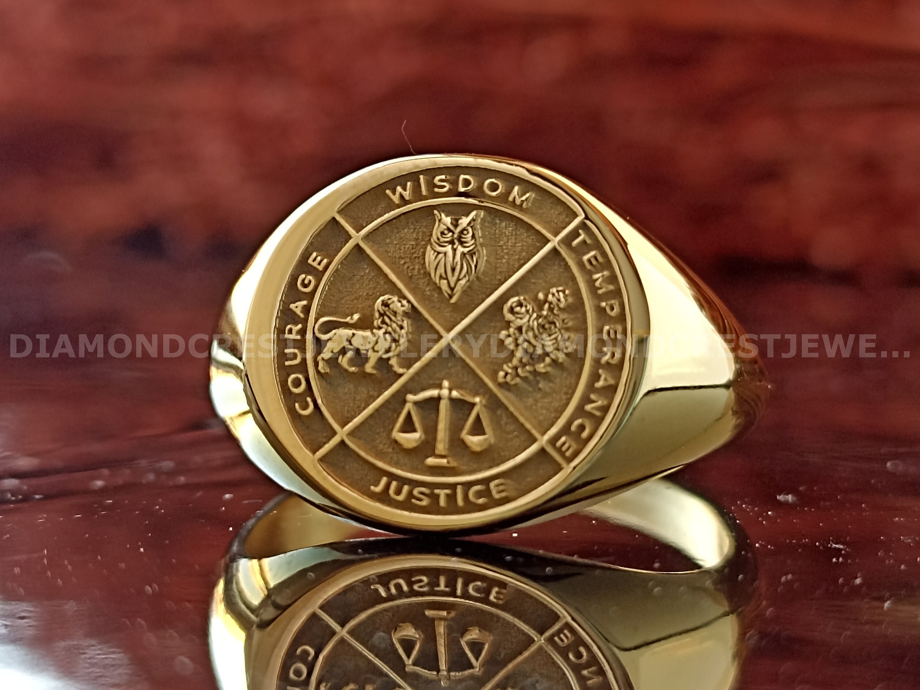 18K Solid Gold Four Virtues, Justice Wisdom Temperance Courage, Ring ...