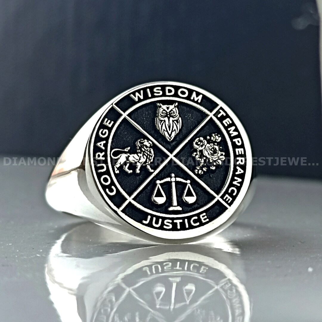 Stoic Rings, Justice Wisdom Temperance Courage Ring, Four Virtues Ring, Family Crest Ring ...