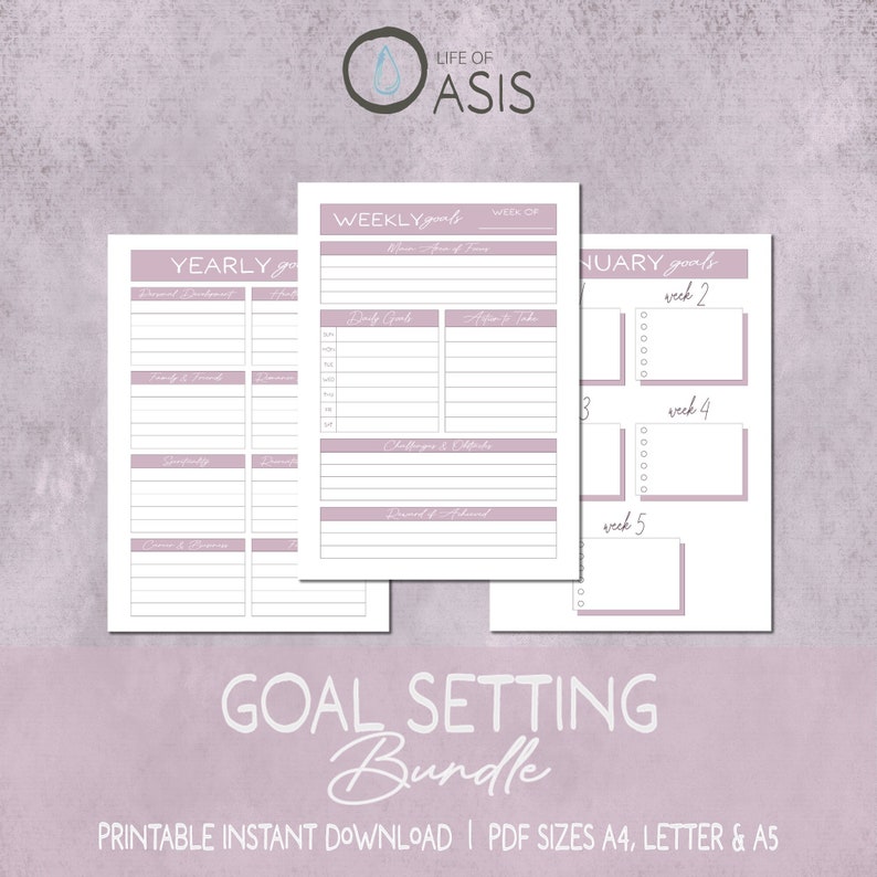 Soft Pink Goal Setting Bundle - Printable Planner for Weekly, Monthly ...