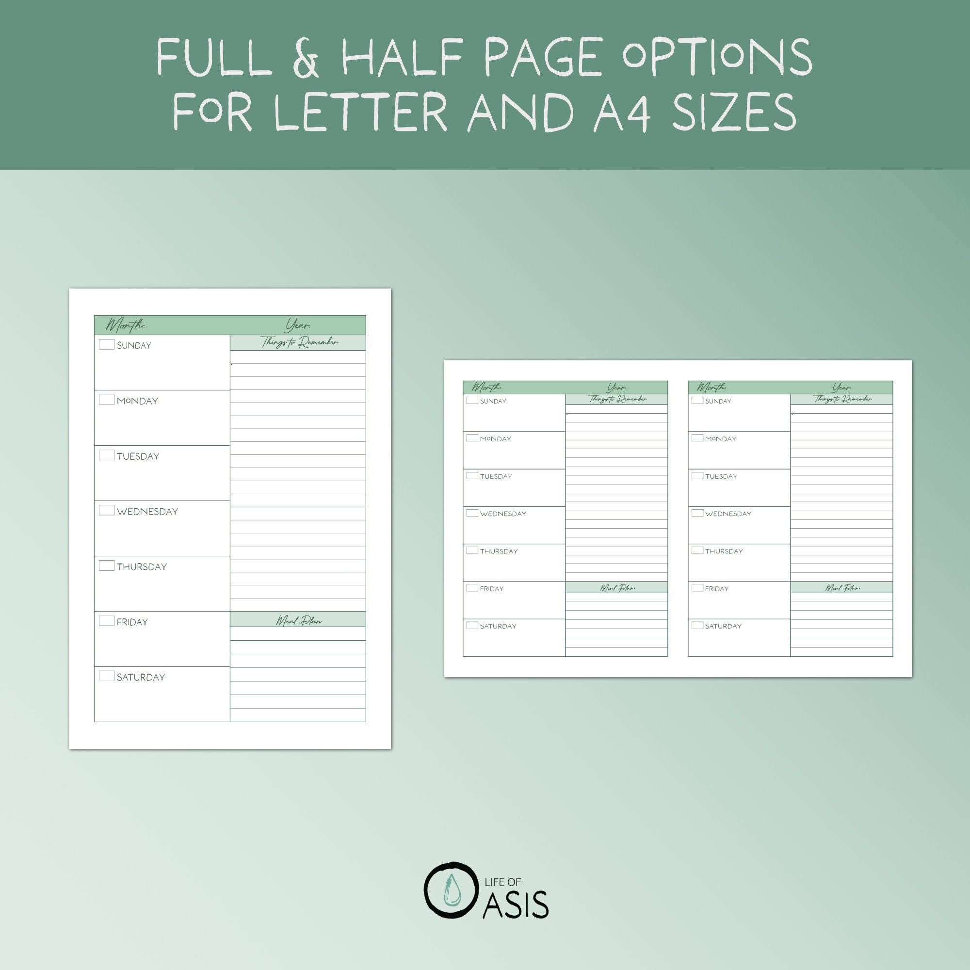 Green Printable Weekly Planner, Single Page Undated Planner, Weekly ...