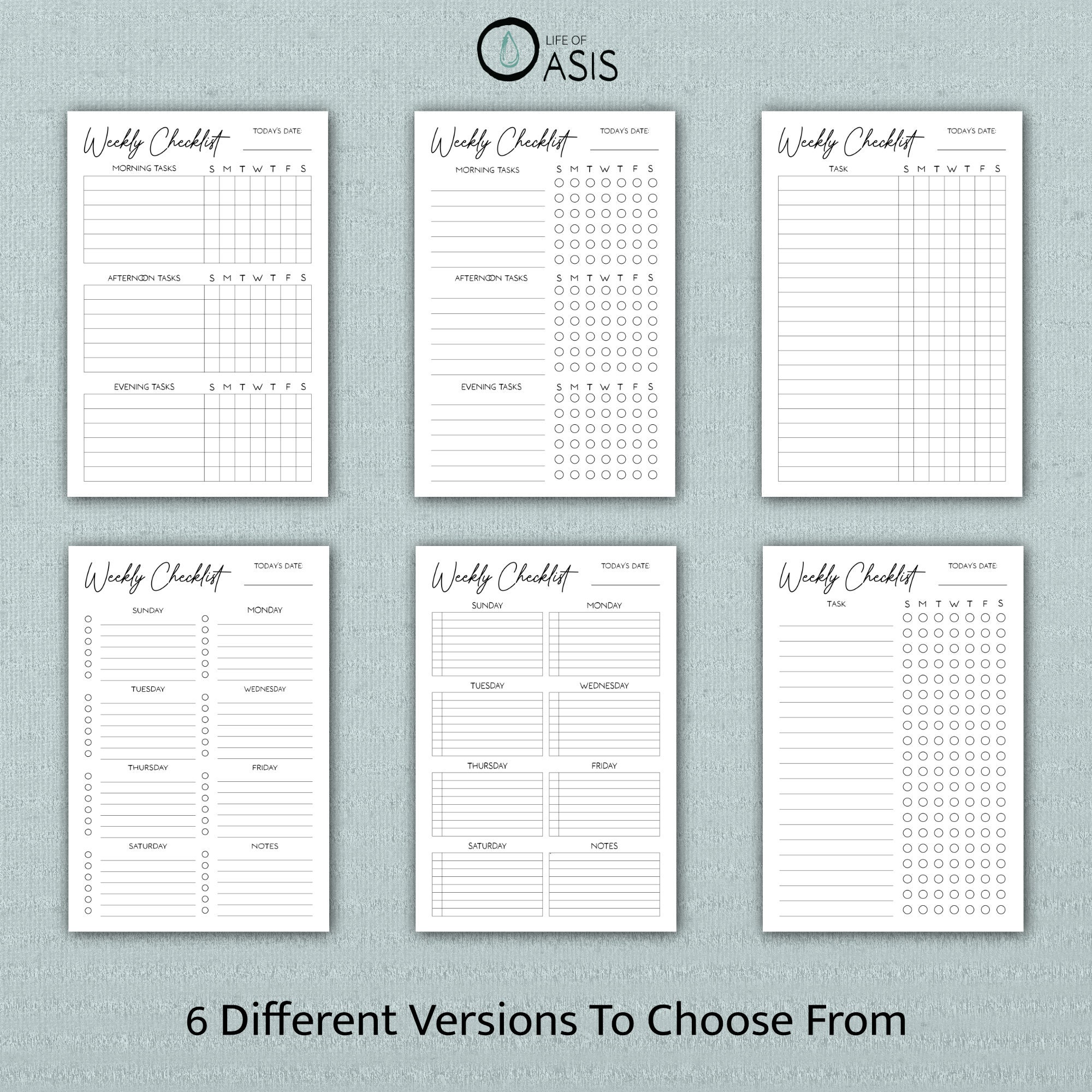 Weekly Checklist Printable With 6 Versions, Instant Download, Printable ...