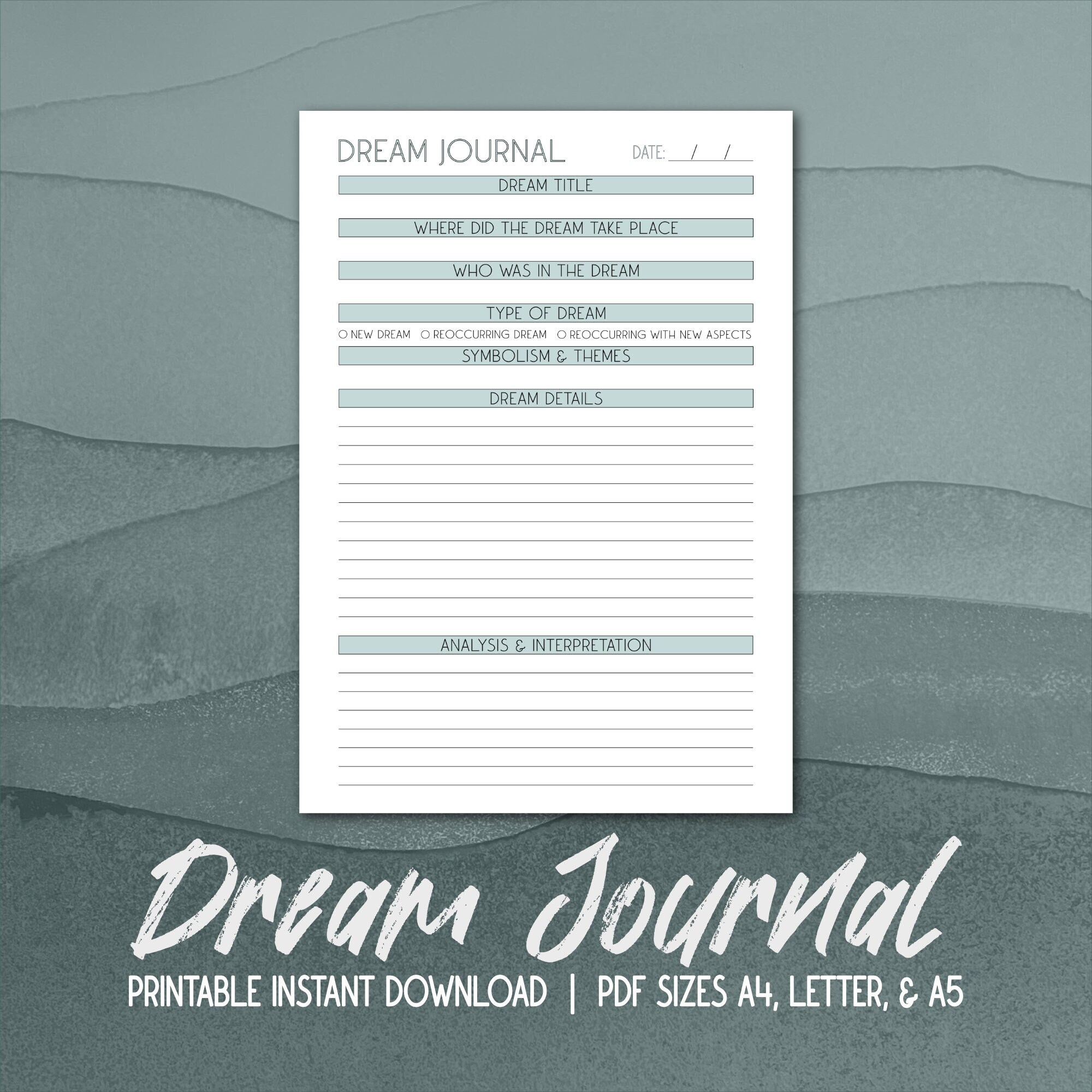 Printable Dream Journal, Instant Download, Dream Analysis Sheet, Daily ...