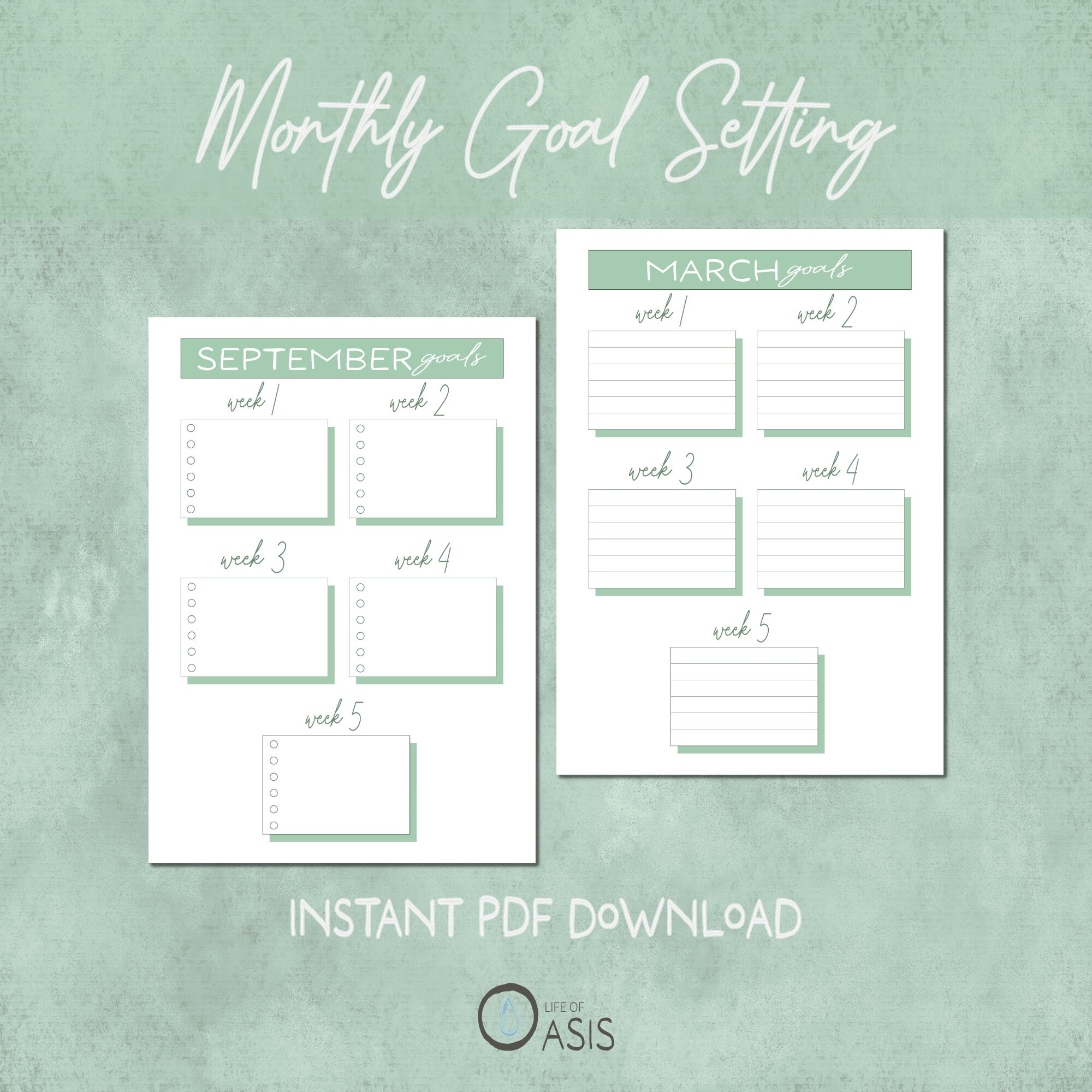 Green Goal Setting Bundle - Printable Planner for Weekly, Monthly ...