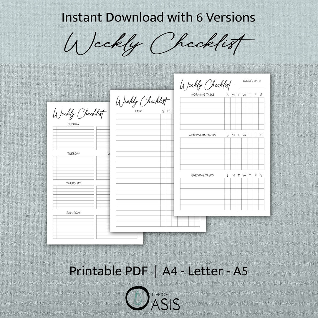 Weekly Checklist Printable With 6 Versions, Instant Download, Printable ...