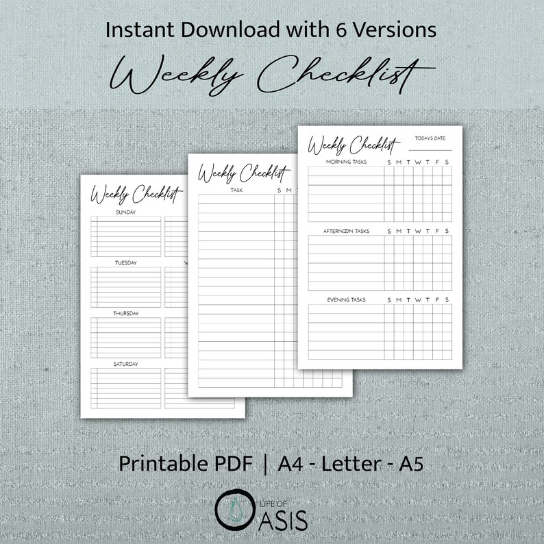 Weekly Checklist Printable With 6 Versions, Instant Download, Printable ...