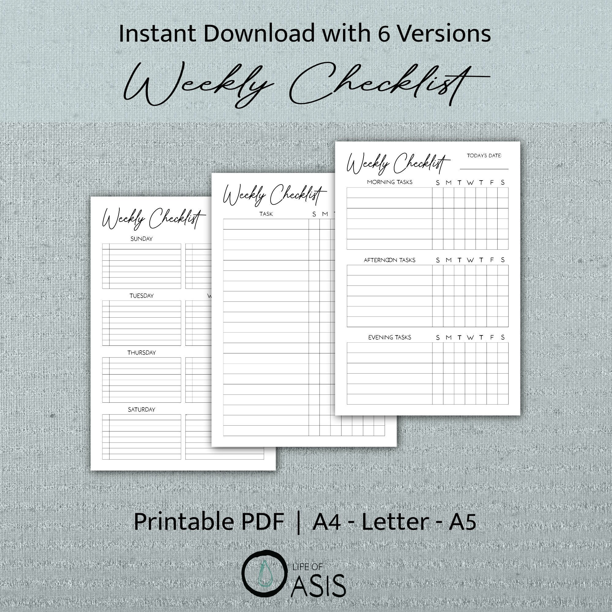 Weekly Checklist Printable With 6 Versions, Instant Download, Printable ...