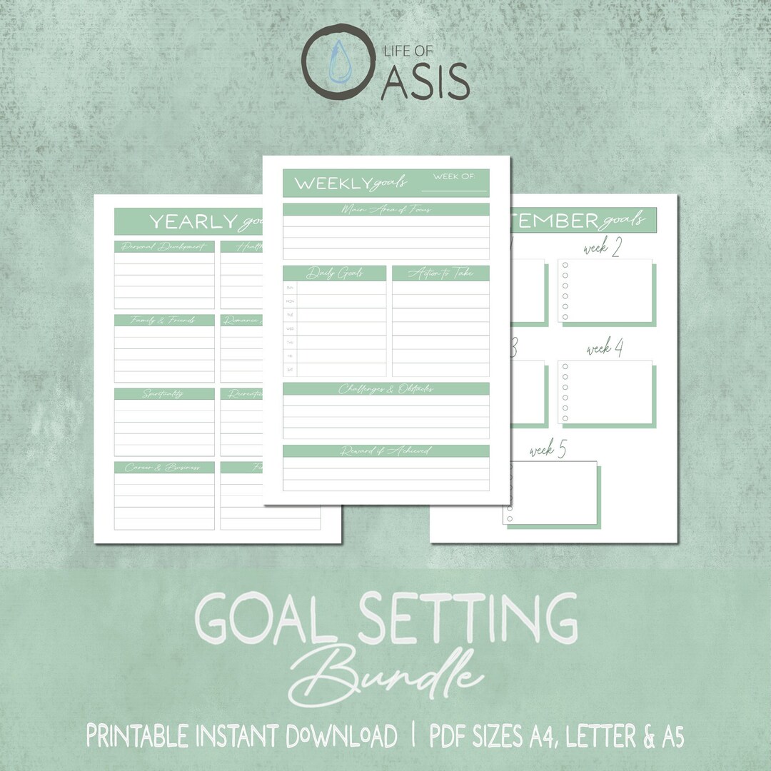 Green Goal Setting Bundle - Printable Planner for Weekly, Monthly ...