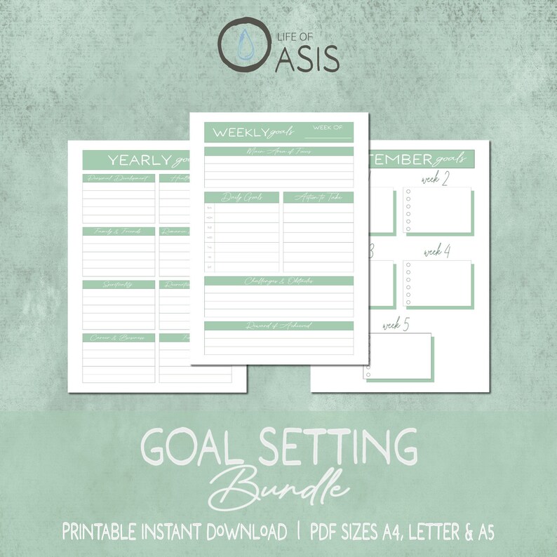 Green Goal Setting Bundle - Printable Planner for Weekly, Monthly ...