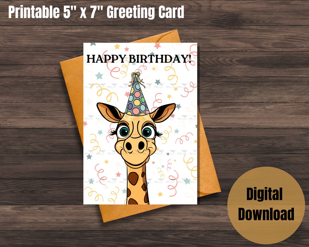Happy Birthday Card- Instant Digital Print of Cute Giraffe, Animal ...