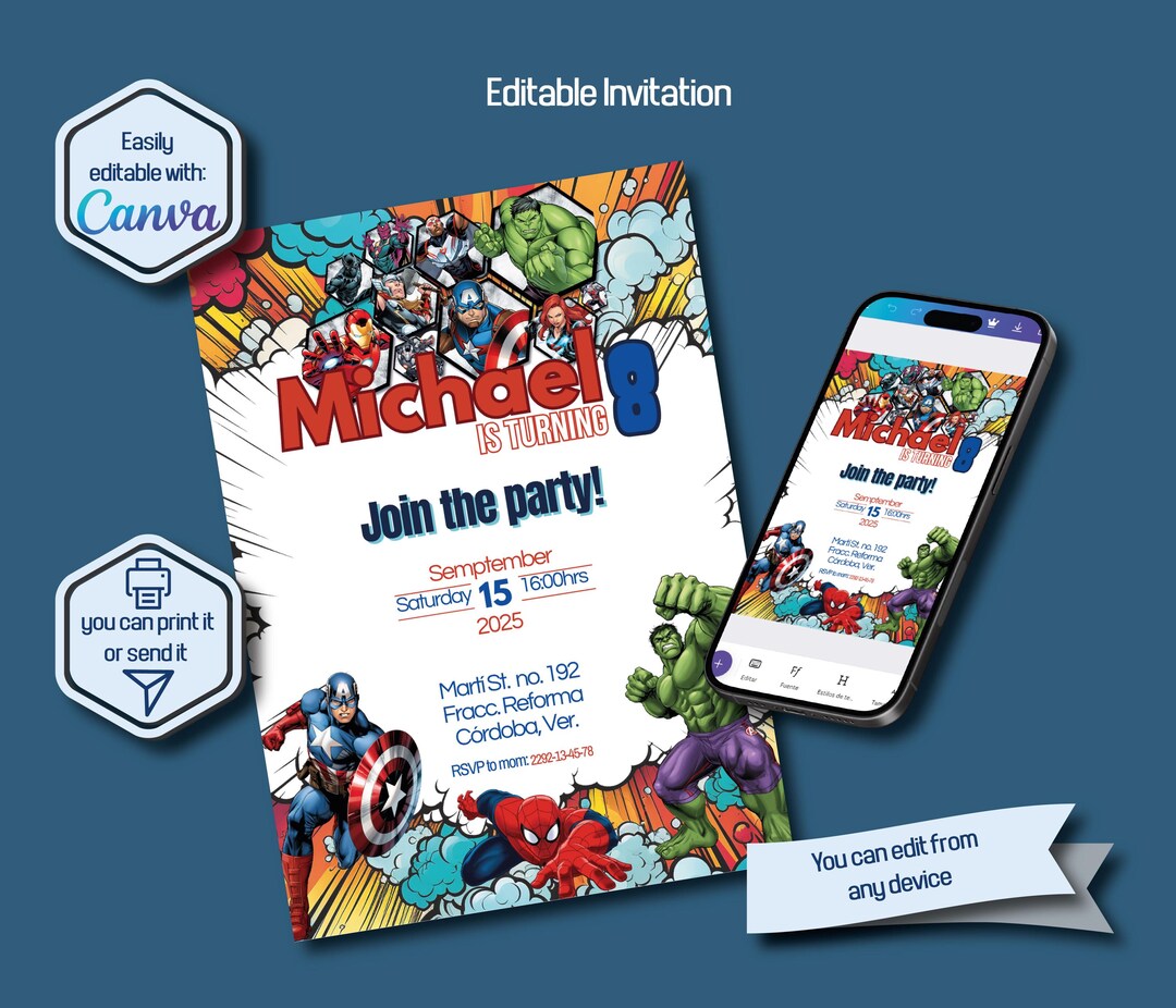 Avengers Birthday Invitation Editable Canva | Superhero Party Template ...