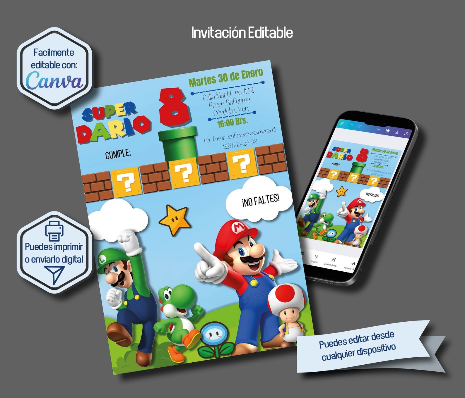 Editable Mario Bros Invitation, Mario Bros Design, Birthday Invitation ...