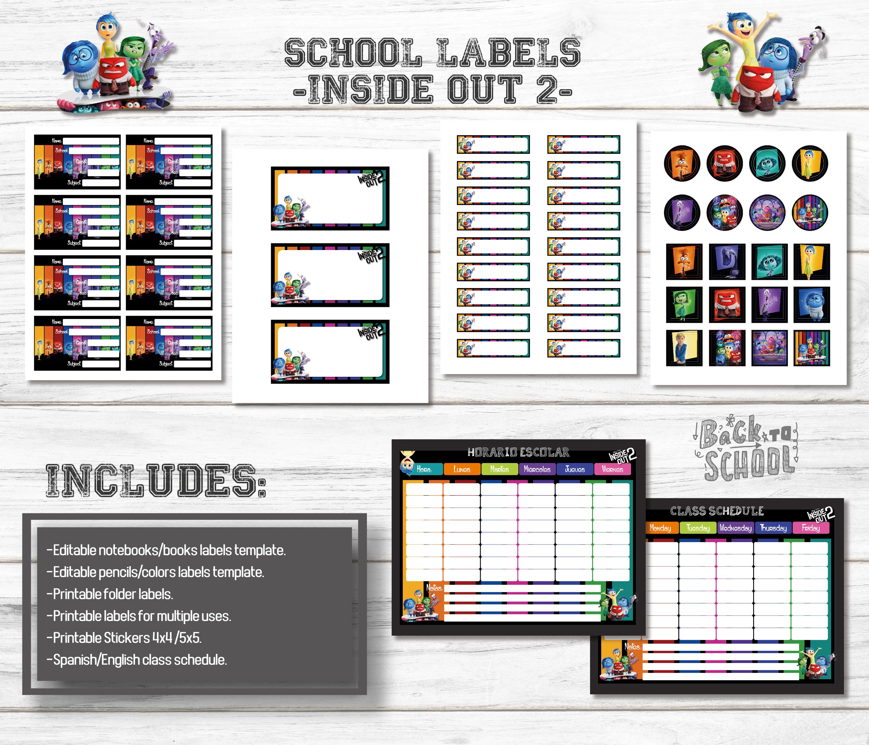 Printable School Labels Inside out 2 movie, Editable in Canva, Stickers ...