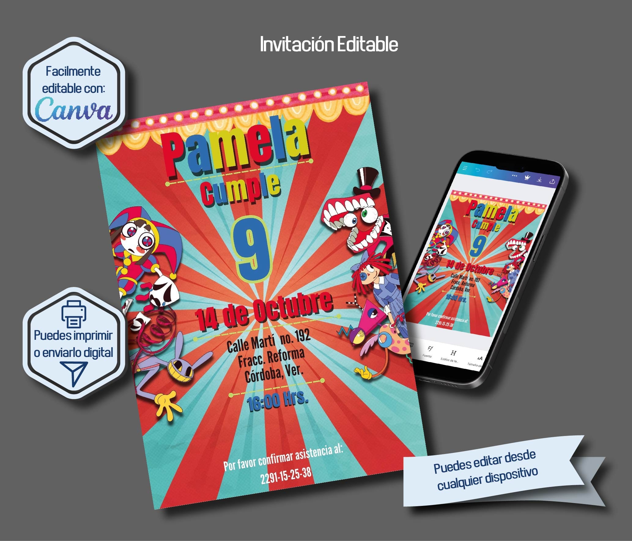 Amazing Digital Circus invitation, Invitación Editable, template ...