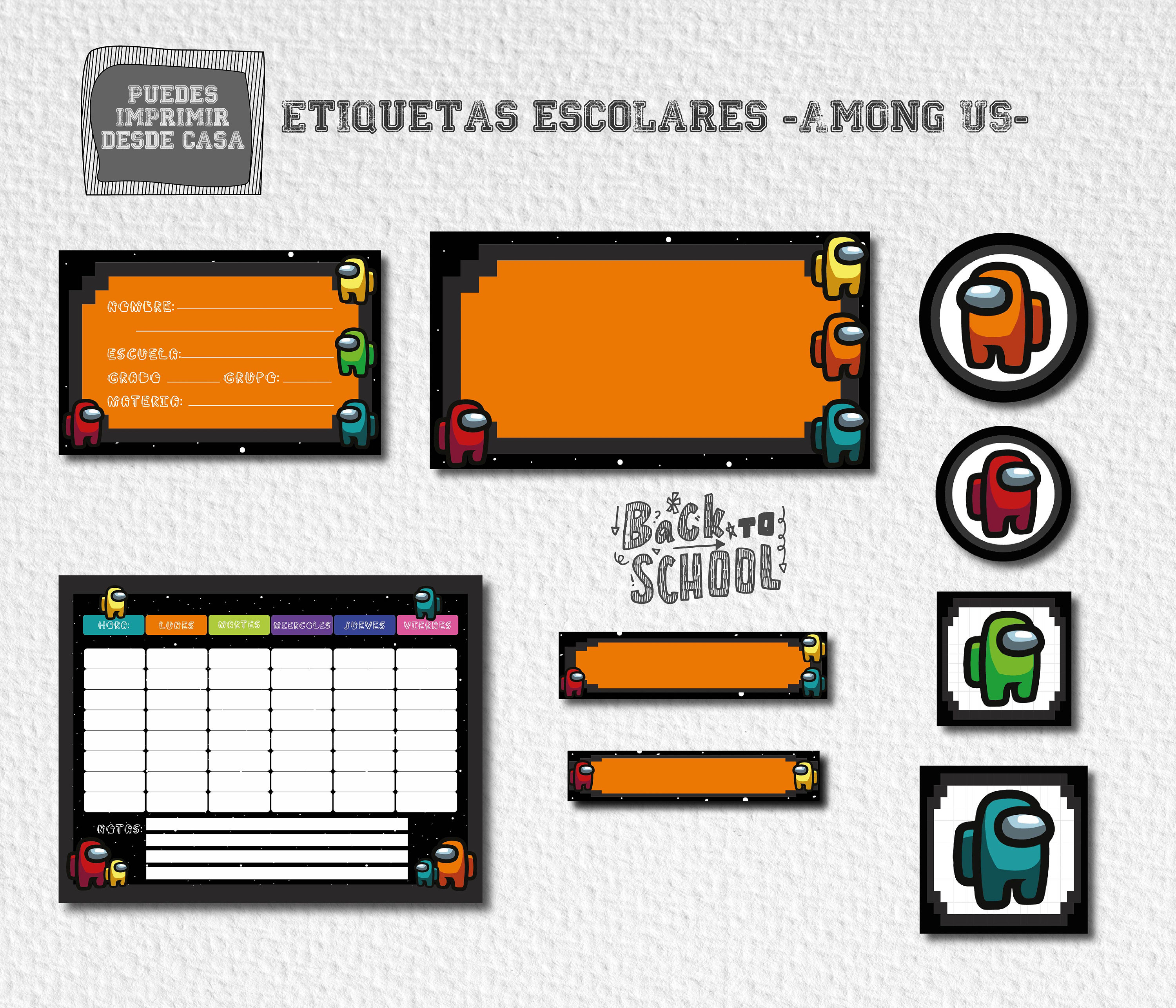 Printable School Labels Among Us Orange Background, Book Labels ...