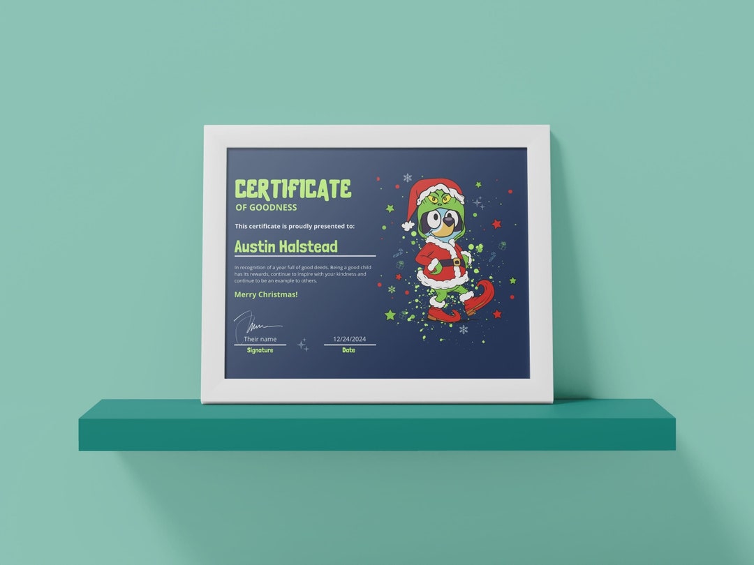 Bluey Grinch Christmas Certificate Template, Xmas Gift, Instant ...