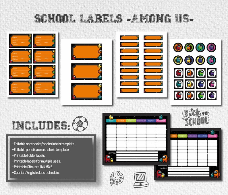 Printable School Labels Among Us Orange Background, Book Labels ...
