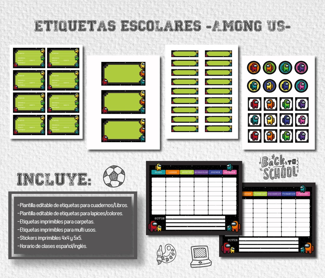 Printable School Labels Among Us Green Background, Labels for Books ...