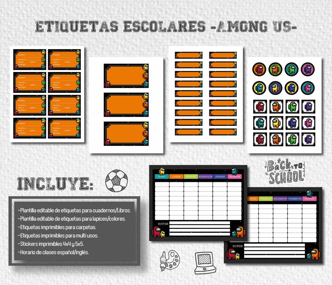 Printable School Labels Among Us Orange Background, Book Labels ...