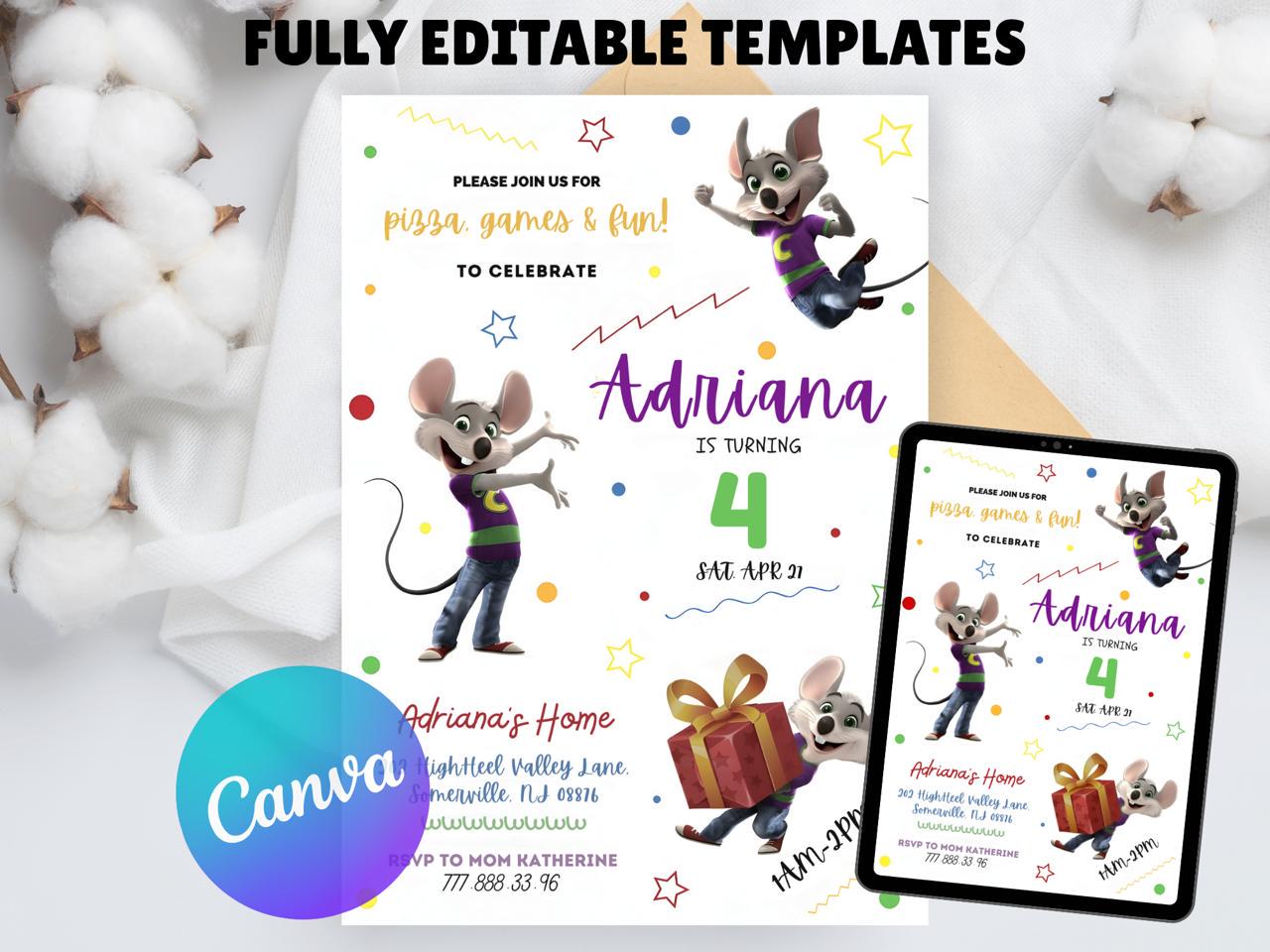 Editable Chuck E Cheese Birthday Invitation Template | Chuck Evite ...