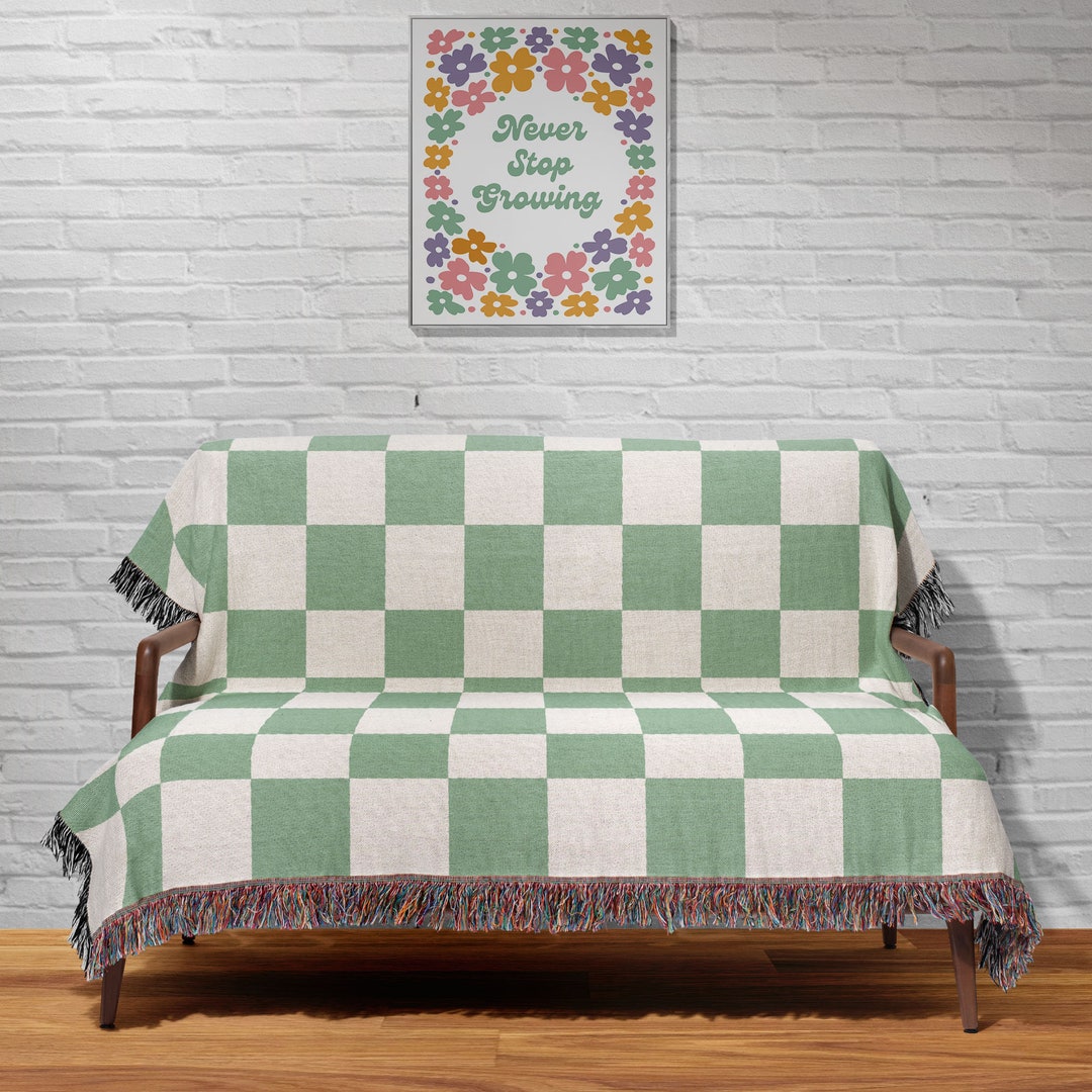 Green Check Throw Blanket, Sage Home Decor, Check Picnic Rug, Beach ...