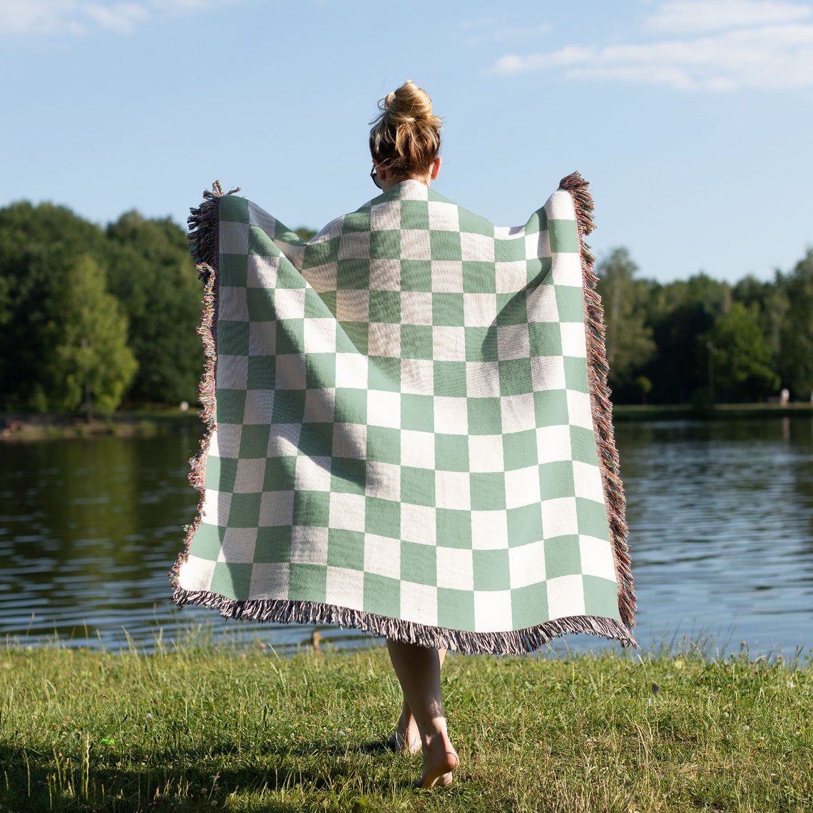 Green Check Throw Blanket, Sage Home Decor, Check Picnic Rug, Beach ...