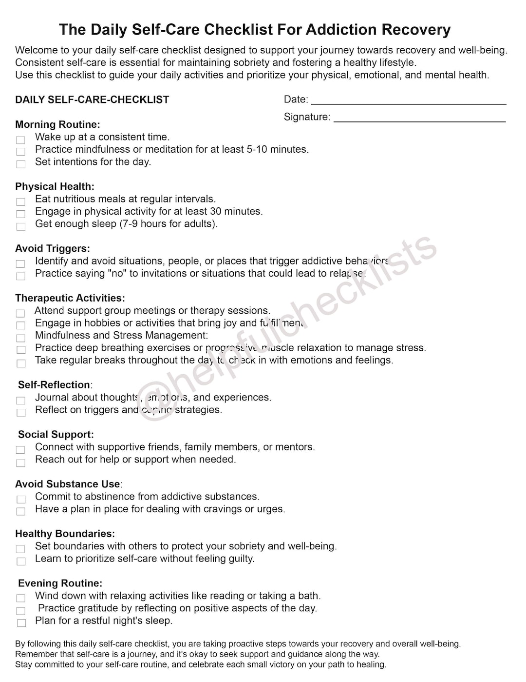 Daily Self-care Checklist for Addiction Recovery - Etsy