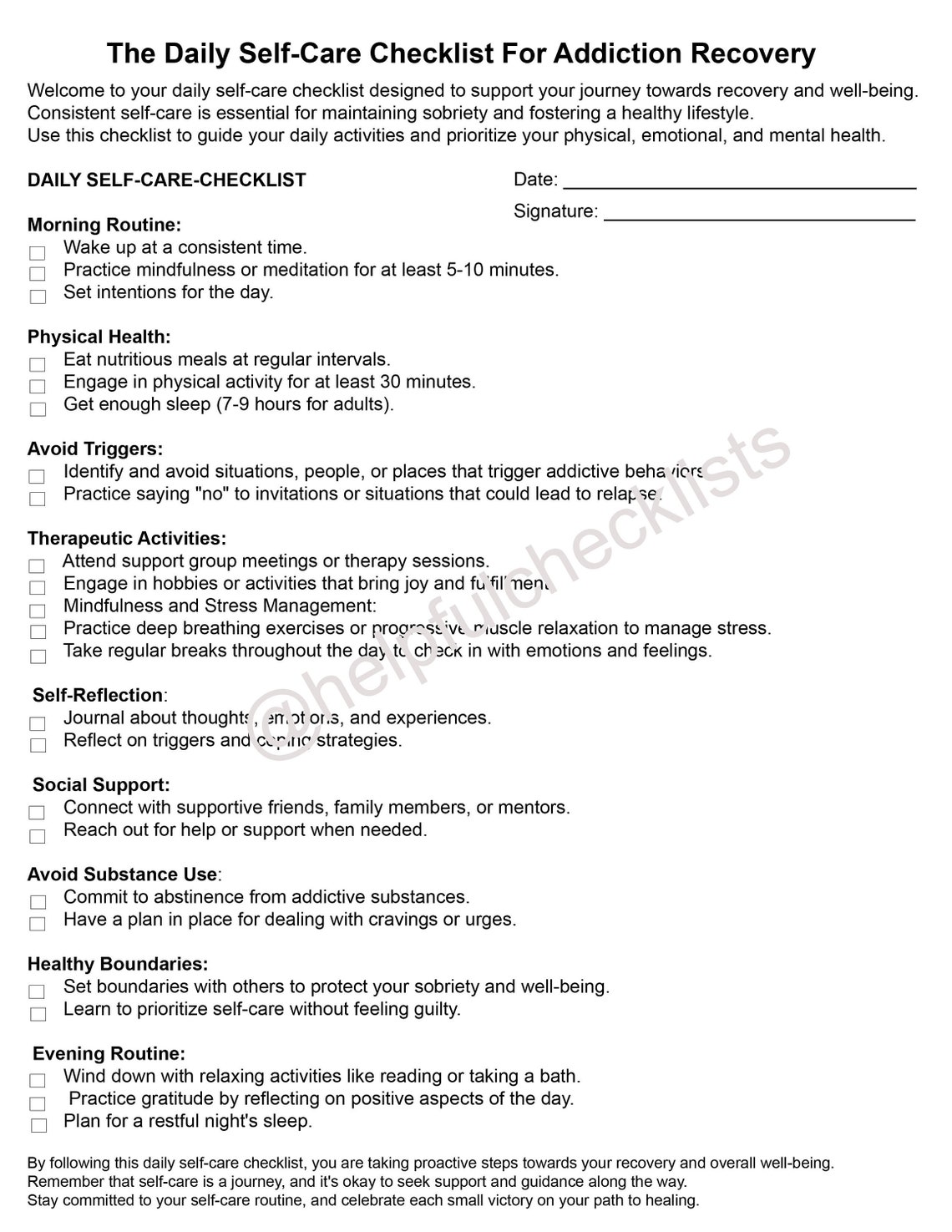 Daily Self-care Checklist for Addiction Recovery - Etsy