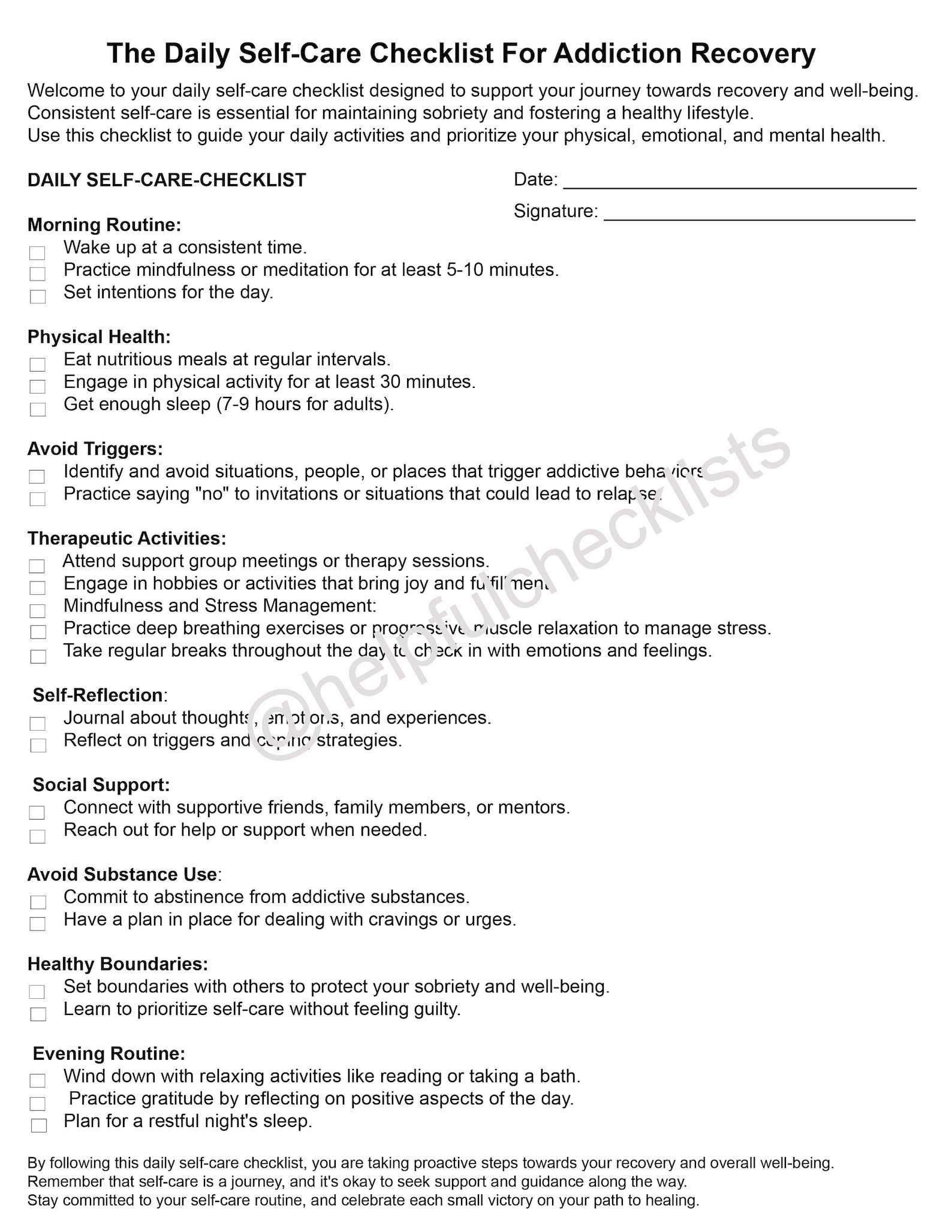 Daily Self-care Checklist for Addiction Recovery - Etsy