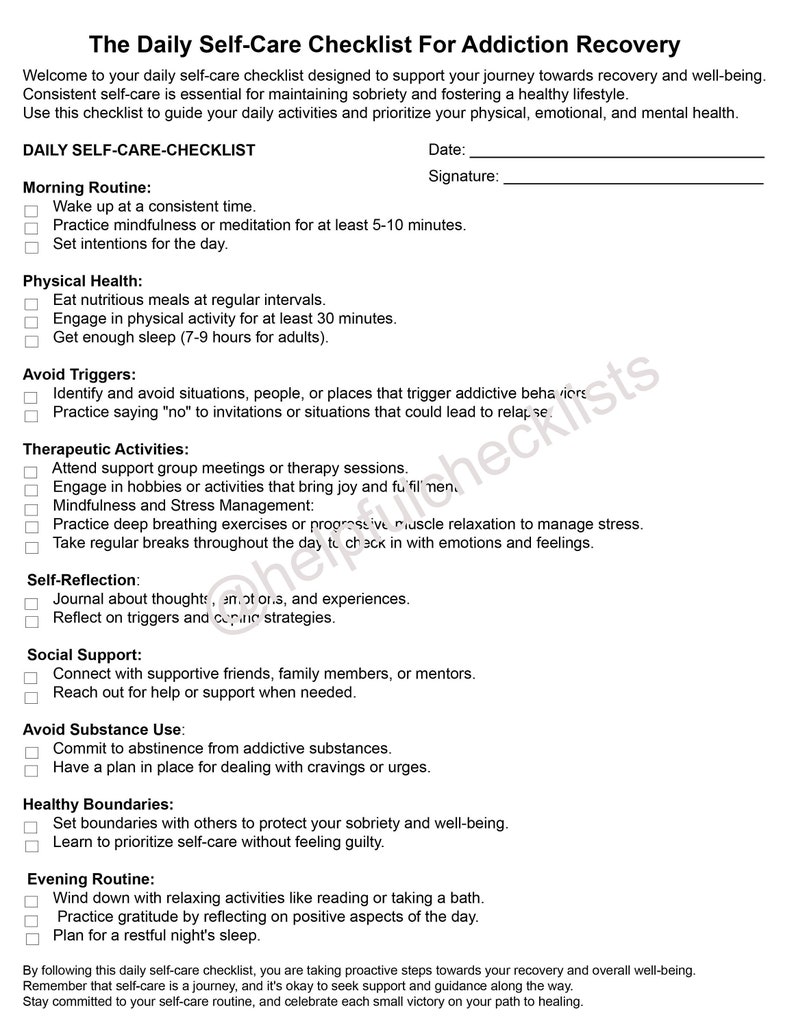 Daily Self-care Checklist for Addiction Recovery - Etsy