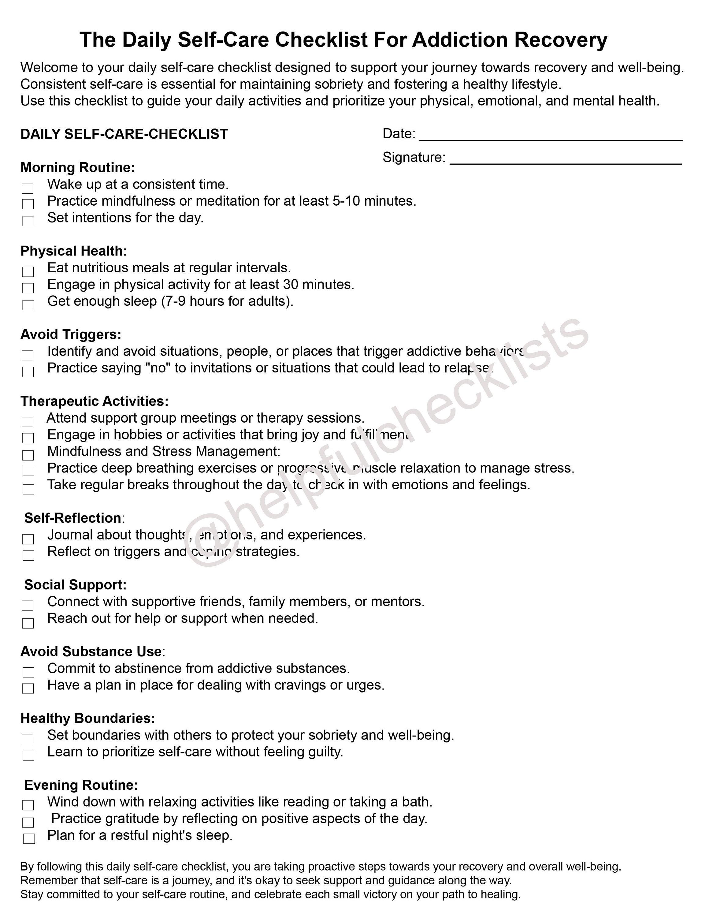 Daily Self-care Checklist for Addiction Recovery - Etsy