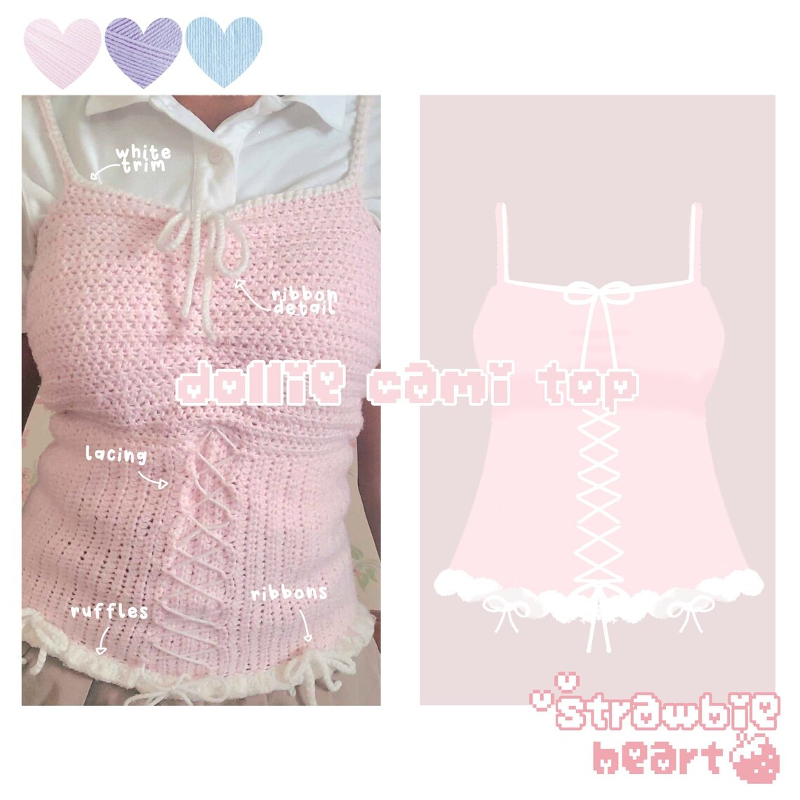 Dollie Cami Top Crochet Coquette Ribbon Lace up Corset Handmade Soft ...