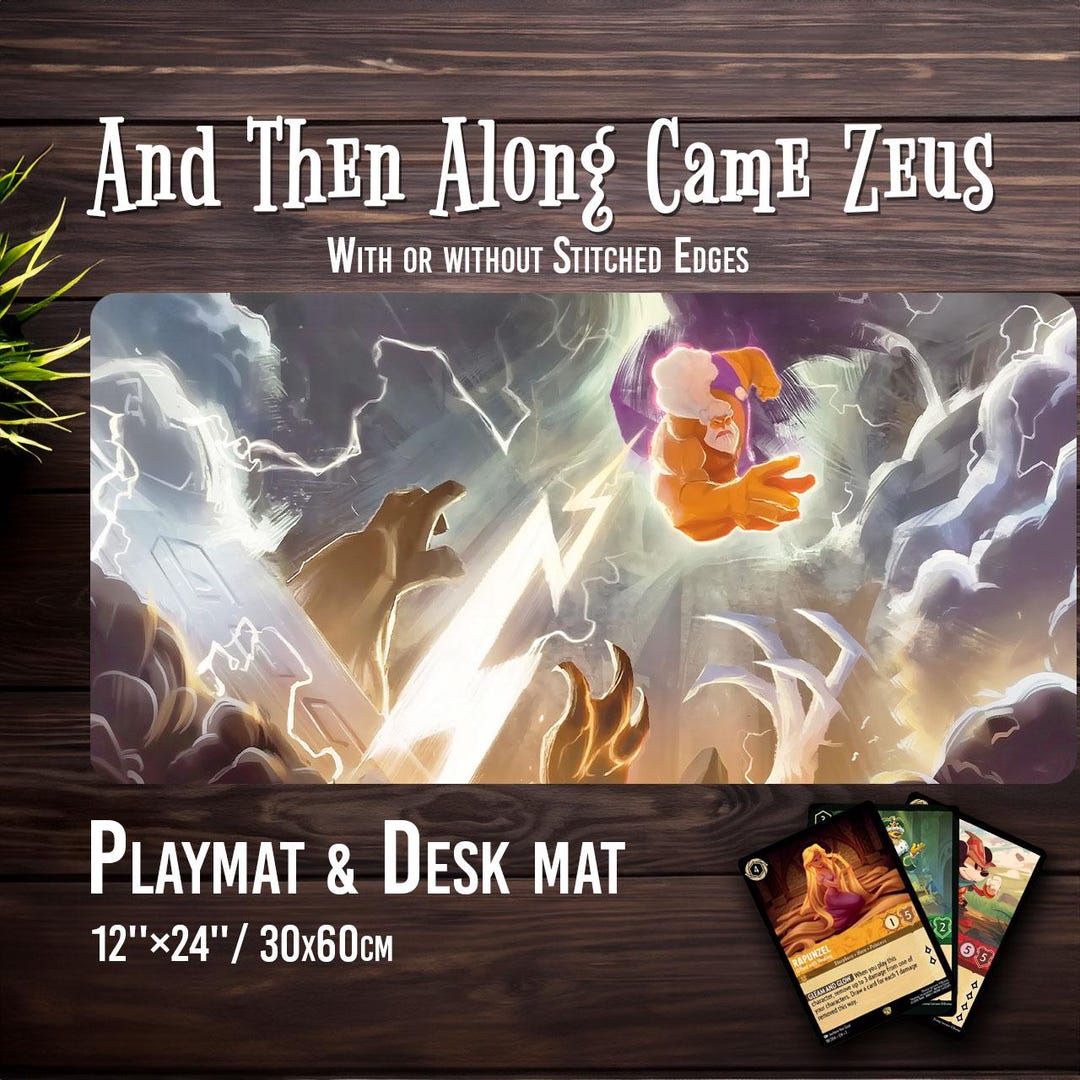 Lorcana Desk Mat: Than Along Came Zeus, Stitched Edge Playmat (12x24 In ...