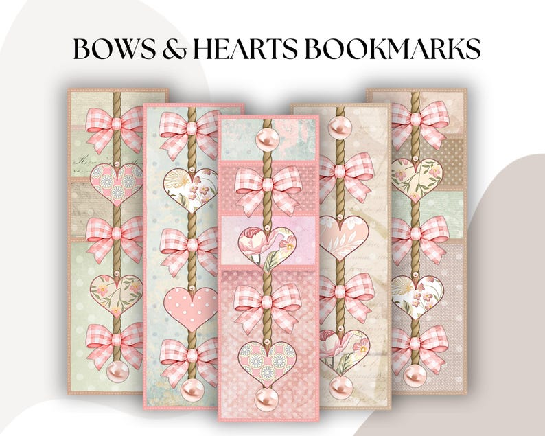 Cute Bows and Hearts Printable Bookmark Set, 5 Pink Girly Digital ...