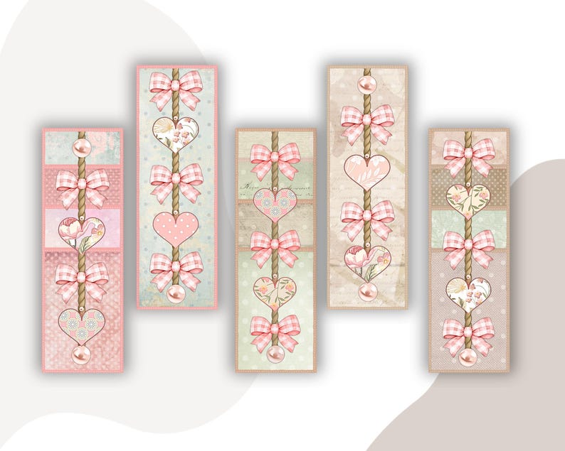 Cute Bows and Hearts Printable Bookmark Set, 5 Pink Girly Digital ...