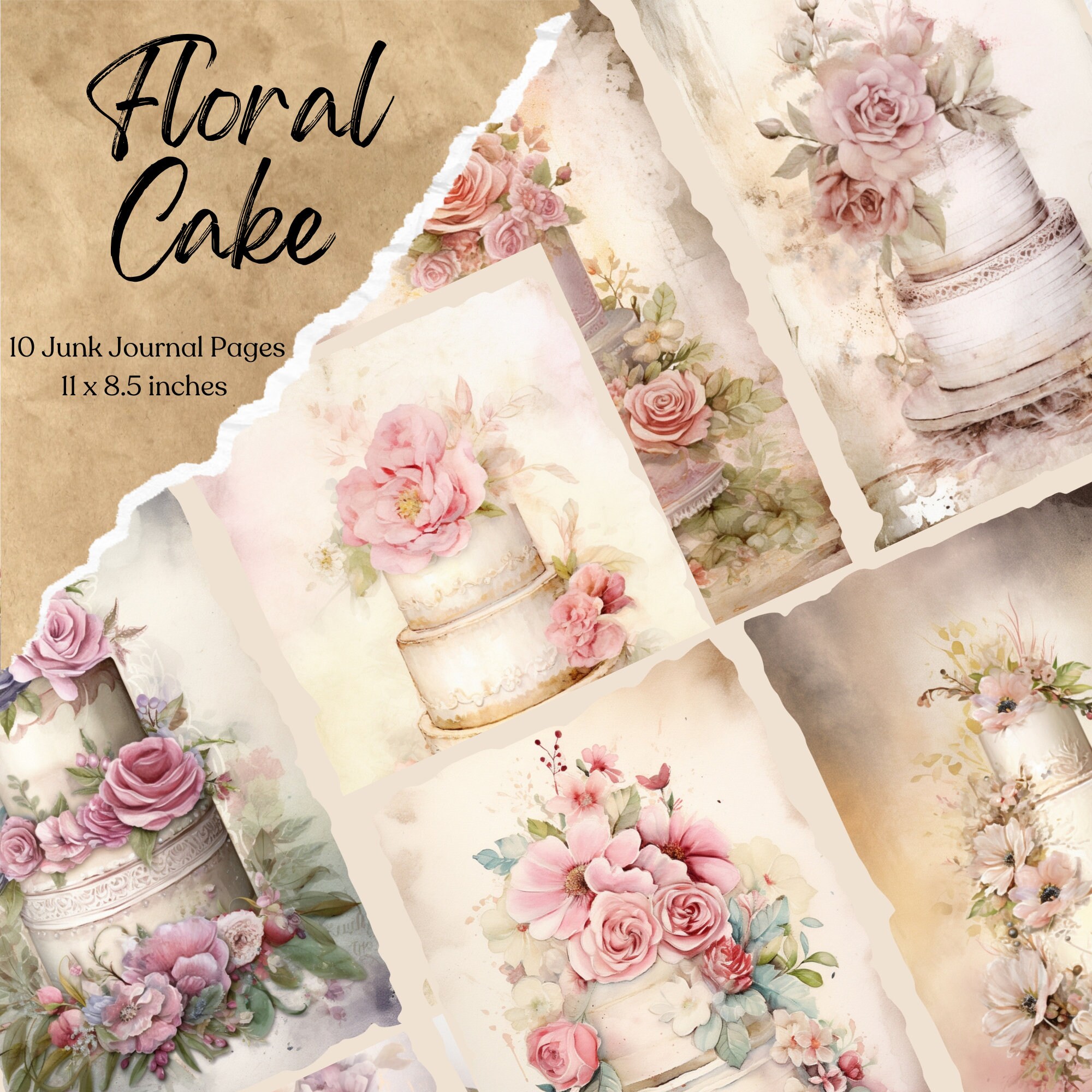 Floral Cake Junk Journal Pages Digital Scrapbook Paper Kit Baking ...