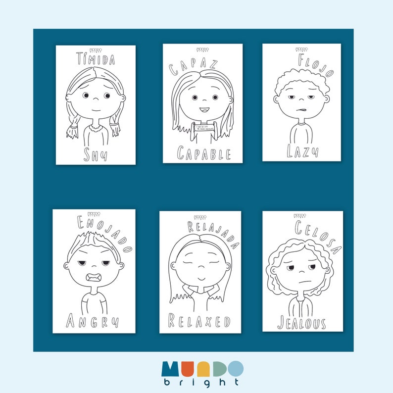 Bilingual Emotions Coloring Pages - Etsy