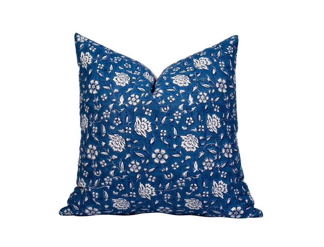 Blue Floral Block Print Pillow Cover, Decorative Cushion Cover, Cotton ...
