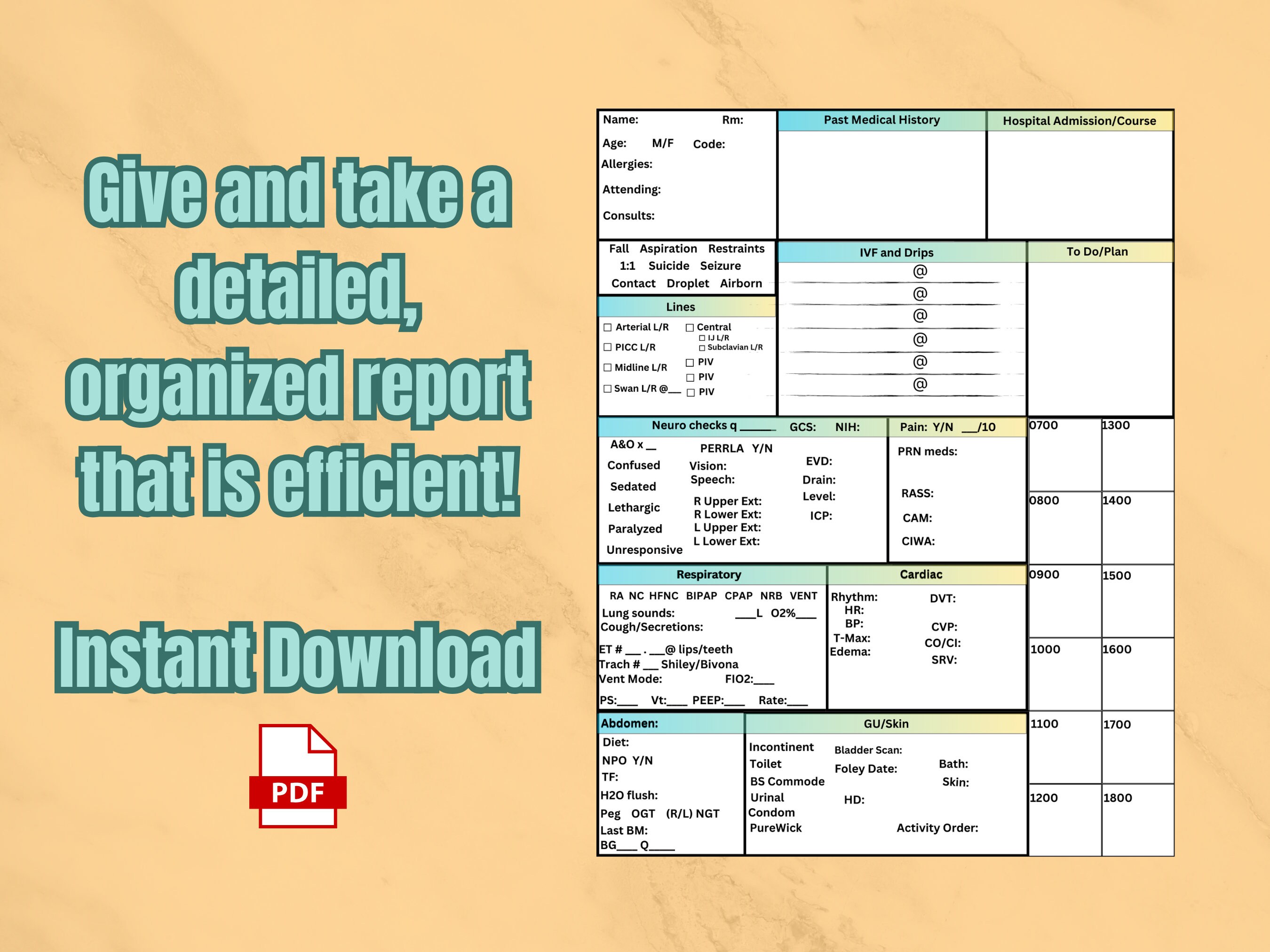 ICU Nurse Report Sheet | RN Shift Report Template | Printable Nursing ...