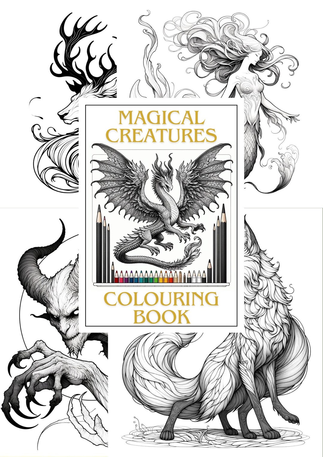 Magical Creatures Coloring Book Wyverns, Wraiths Fantasy Art for Stress ...