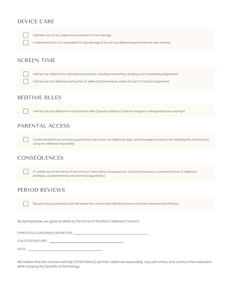 Parent-teen Cell Phone Contract - Etsy