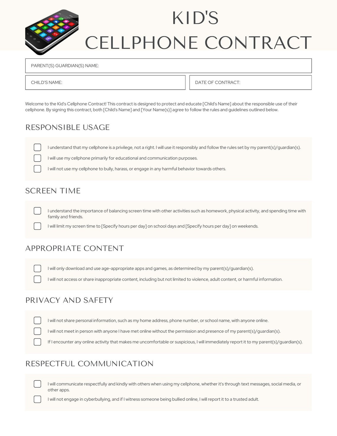 Parent-teen Cell Phone Contract - Etsy