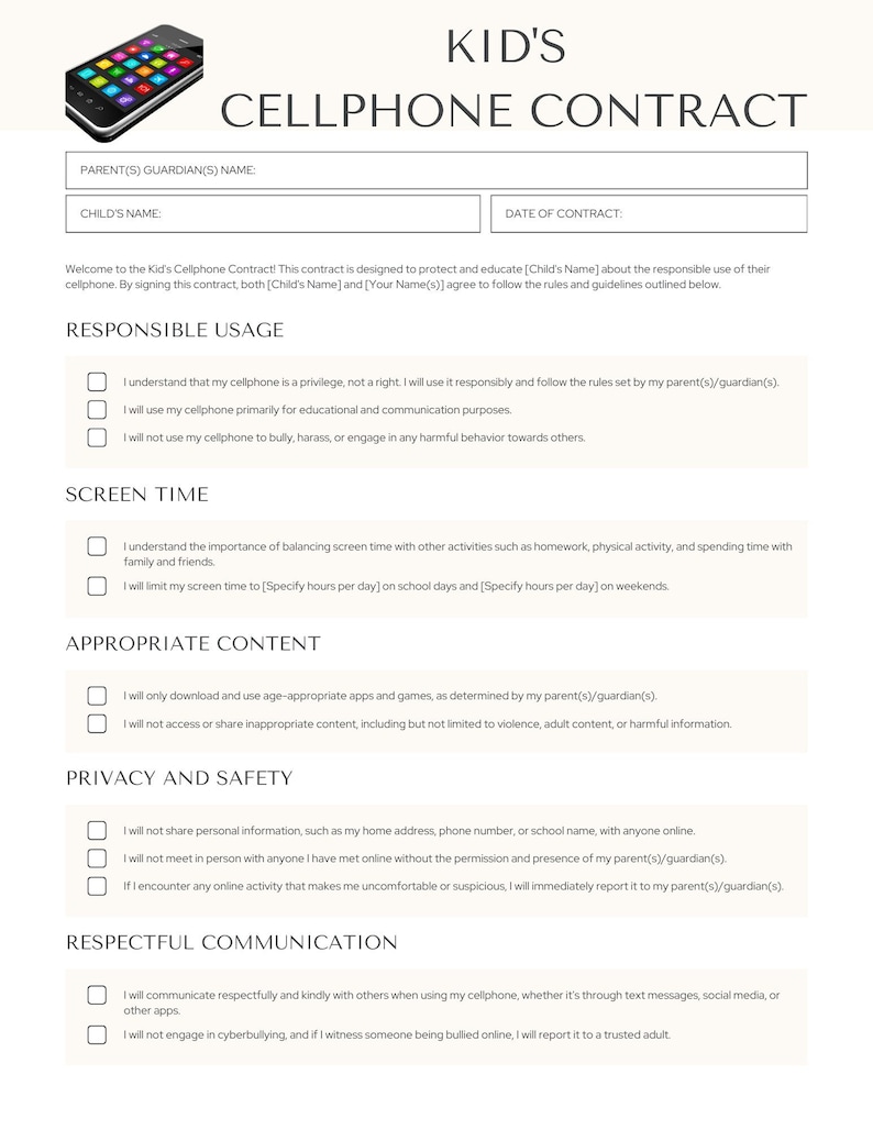 Parent-teen Cell Phone Contract - Etsy
