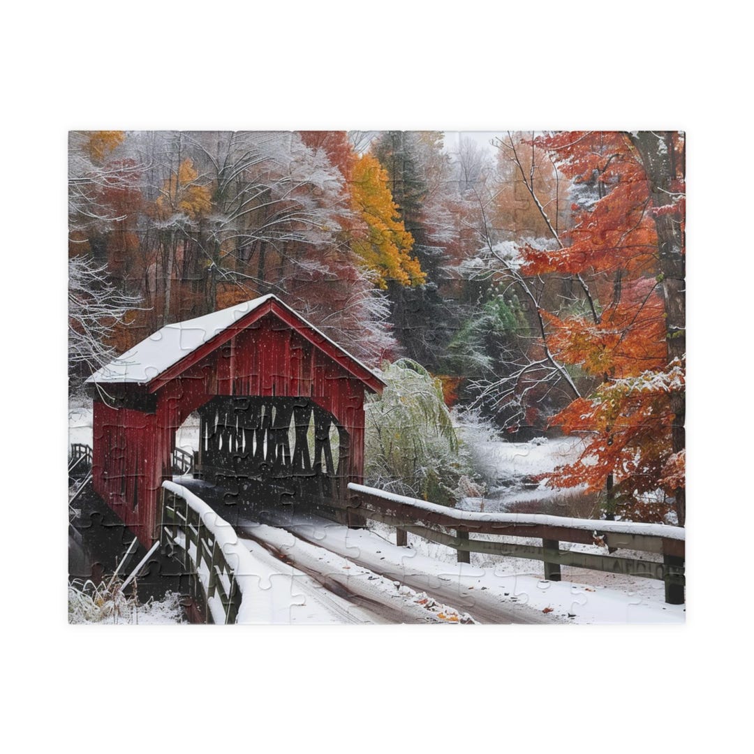 Covered Bridge in Snow Puzzle: Winter Holiday Scene - Etsy
