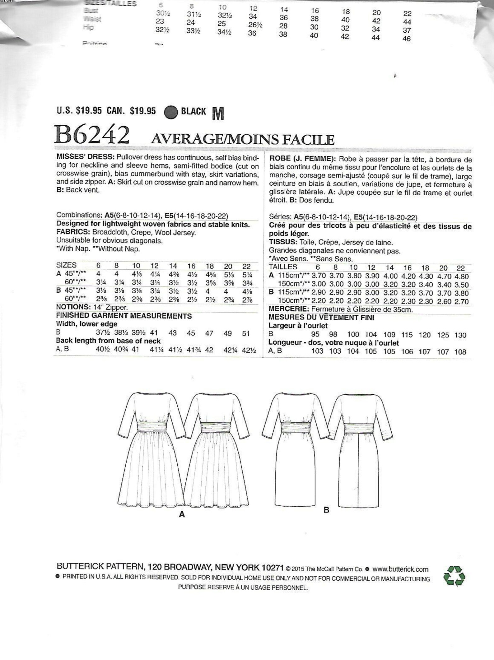 B6242 Misses Retro 60 Style Dress Sizes 14-22 Butterick Sewing Pattern ...