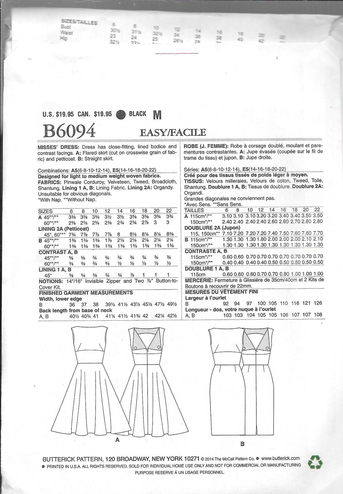 B6094 Misses Fold Back Facing Dress Sizes 6-14 Butterick - Etsy