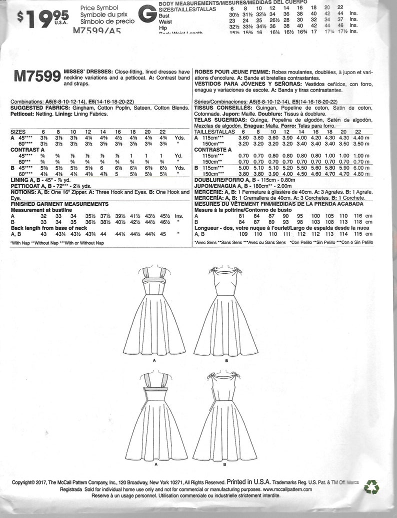 M7599 Misses Retro 53 Style Dress Sizes 14-22 Mccalls Sewing Pattern - Etsy