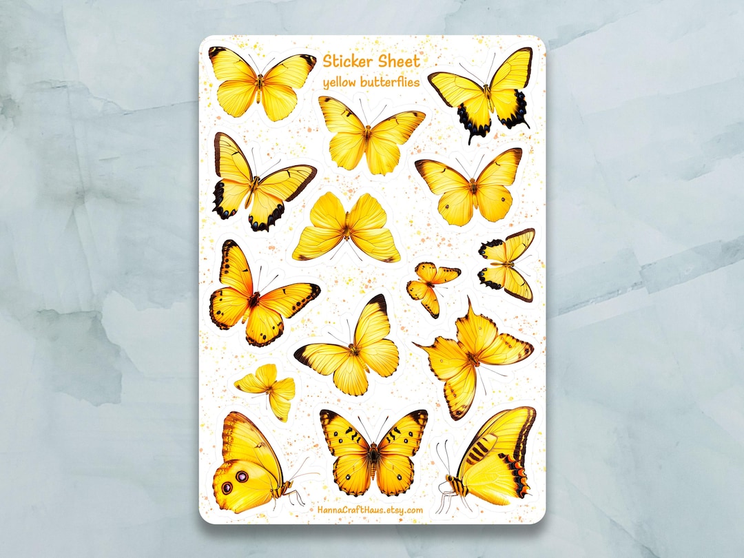 Bright Yellow Butterflies Sticker Sheet - Set of 15 Stickers for ...